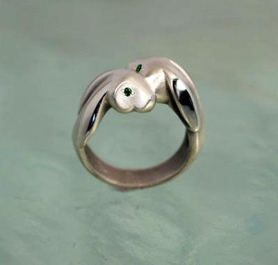 Sterling Silver Lopp Earred Bunny Rabbit Ring with Gemstone Eyes
